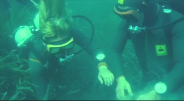 2 frogwomen and 2 frogmen in vintage scuba gear [....and one gets stuck ...
